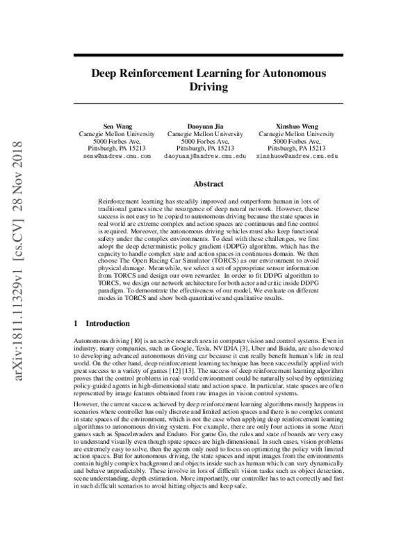 (PDF) Deep Reinforcement Learning for Autonomous Driving