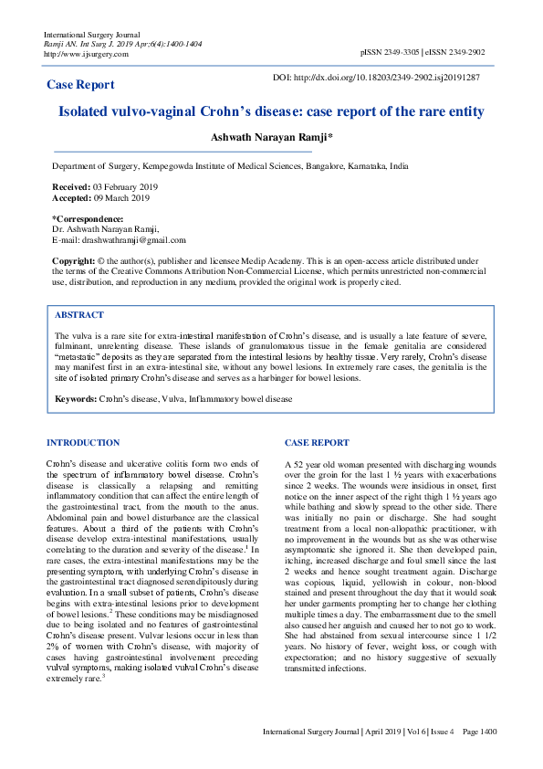 Pdf Isolated Vulvo Vaginal Crohns Disease Case Report Of The Rare