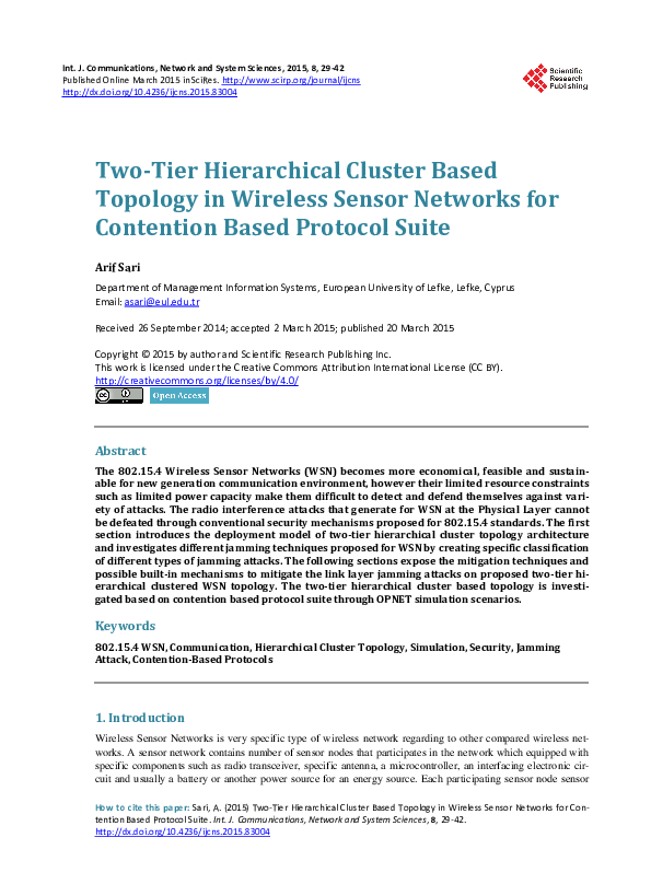 (PDF) Two-Tier Hierarchical Cluster Based Topology in Wireless Sensor Networks for Contention ...