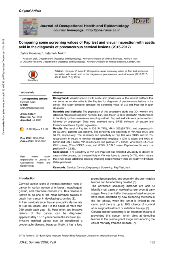 (PDF) Comparing some screening values of Pap test and visual inspection ...