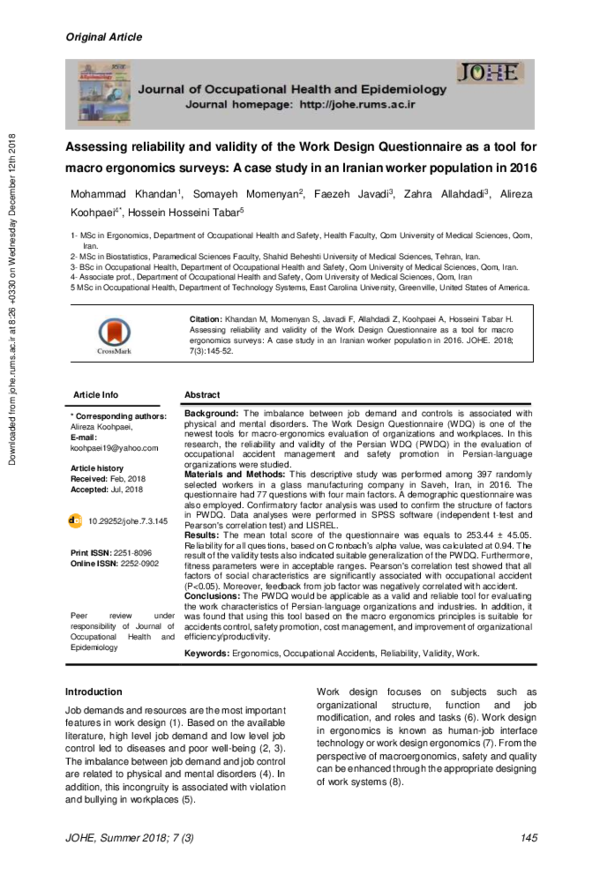 (PDF) Assessing reliability and validity of the Work Design ...