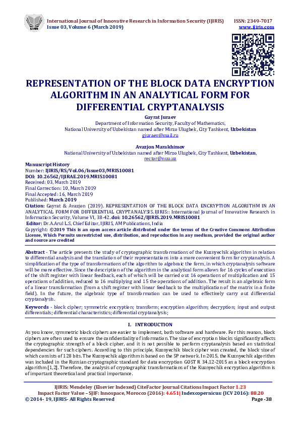 Pdf Representation Of The Block Data Encryption Algorithm In An Analytical Form For