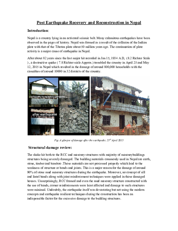 (PDF) Post Earthquake Recovery and Reconstruction in Nepal