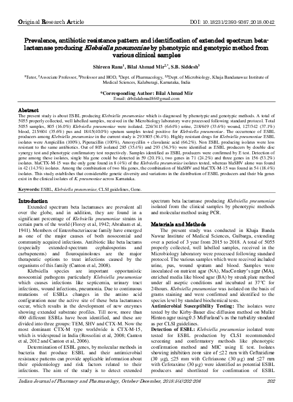 (PDF) Prevalence, antibiotic resistance pattern and identification of extended spectrum beta ...