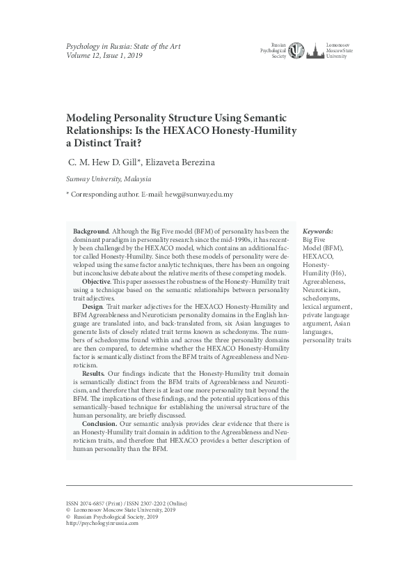 (PDF) Modeling Personality Structure Using Semantic Relationships: Is ...