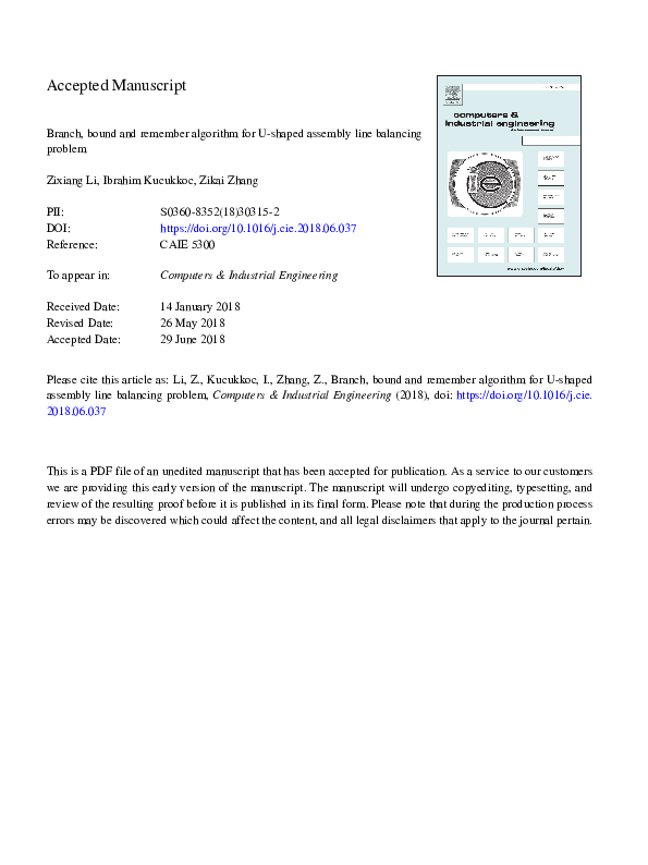 Pdf Branch Bound And Remember Algorithm For U Shaped Assembly Line Balancing Problem