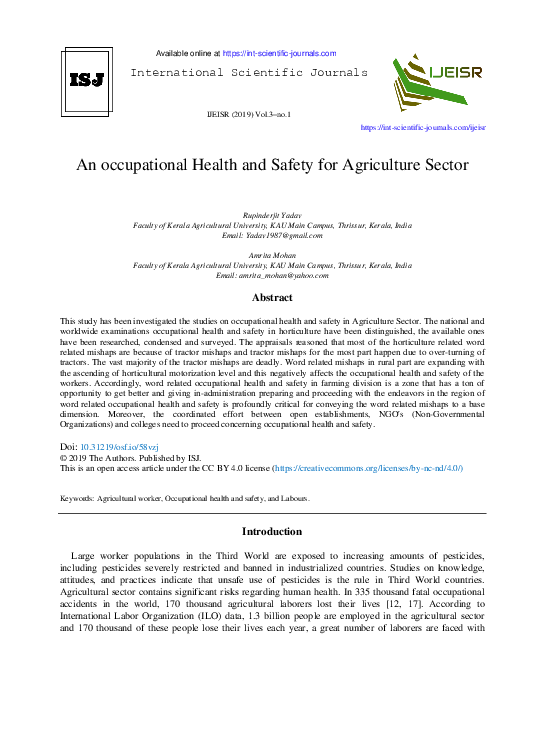 (PDF) An occupational Health and Safety for Agriculture Sector