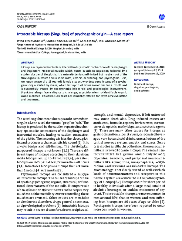 (PDF) Intractable hiccups (Singultus) of psychogenic origin—A case report