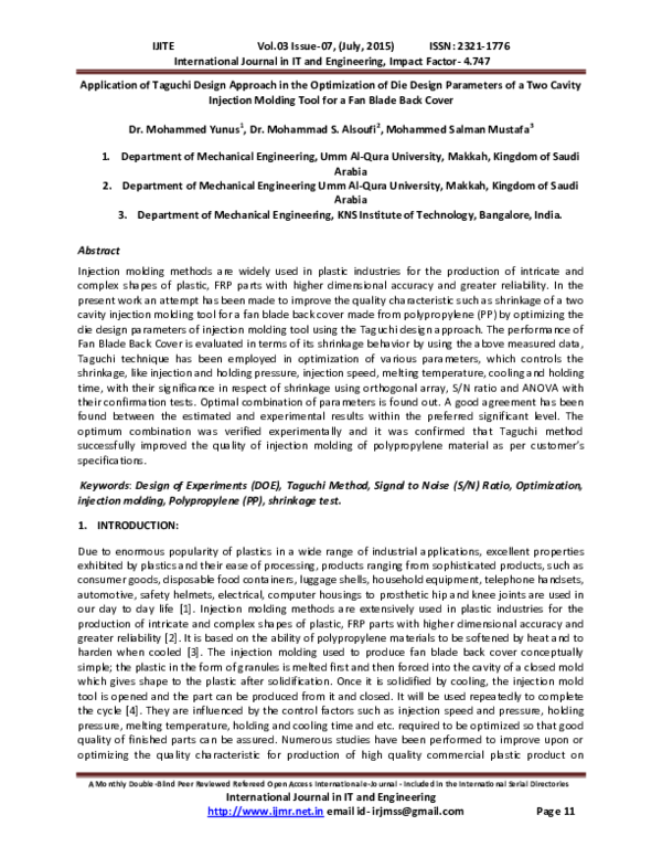 (PDF) Application of Taguchi Design Approach in the Optimizaetion of Die Dsign Parameters of a ...