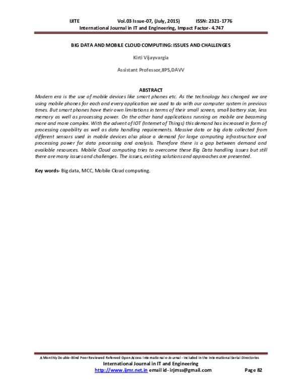 (PDF) BIG DATA AND MOBILE CLOUD COMPUTING: ISSUES AND CHALLENGES