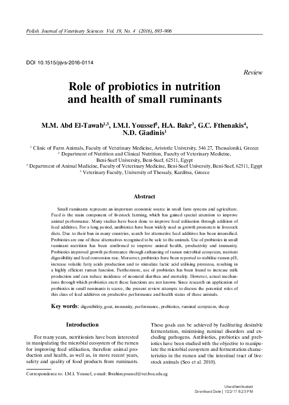(PDF) Role of probiotics in nutrition and health of small ruminants
