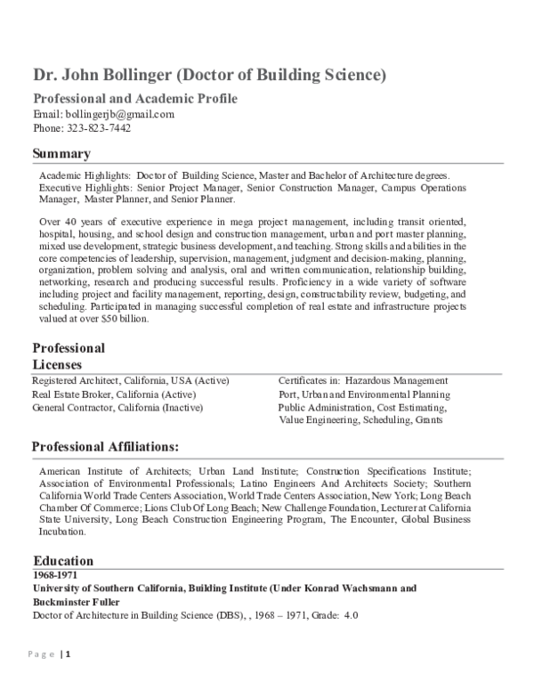 (PDF) Dr. John Bollinger (Doctor of Building Science) Professional and ...