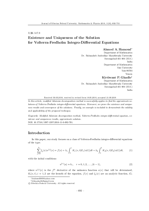 Pdf Existence And Uniqueness Of The Solution For Volterra Fredholm Integro Differential Equations