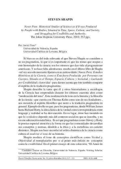 (PDF) STEVEN SHAPIN Never Pure: Historical Studies of Science as if It ...