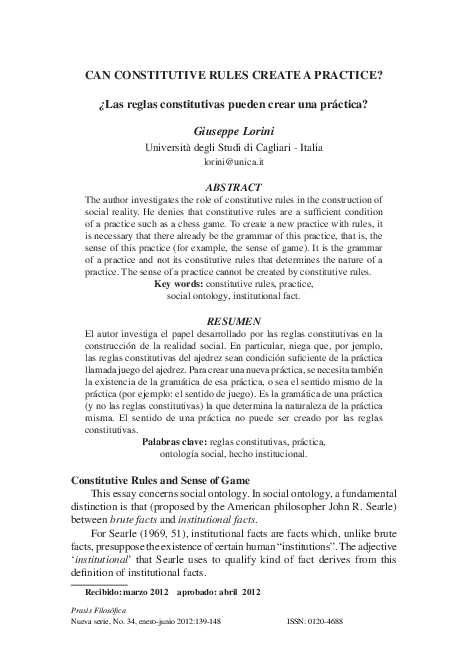 (PDF) CAN CONSTITUTIVE RULES CREATE A PRACTICE?