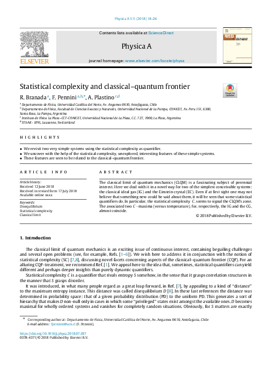 (PDF) Physica A Statistical complexity and classical-quantum frontier