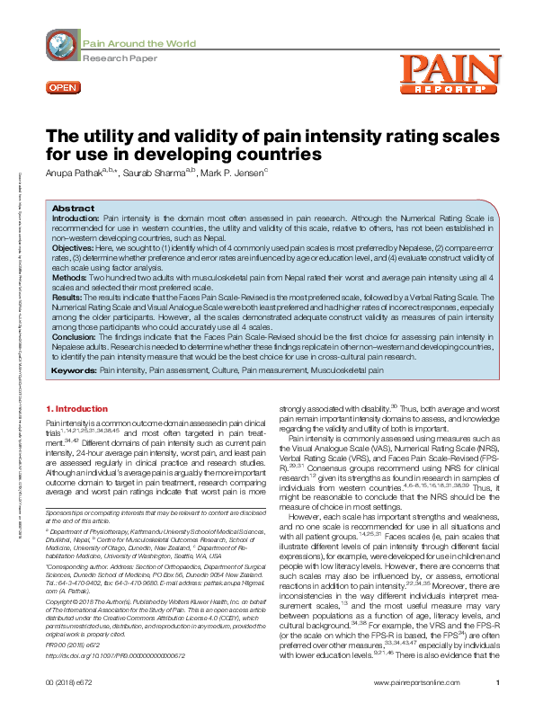 (PDF) The utility and validity of pain intensity rating scales for use ...