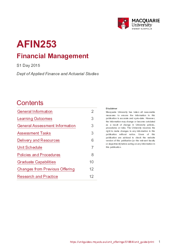 (PDF) AFIN253 Financial Management S1 Day 2015 Dept of Applied Finance ...