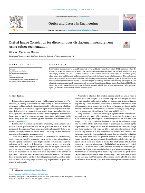 Pdf Digital Image Correlation For Discontinuous Displacement Measurement Using Subset Segmentation