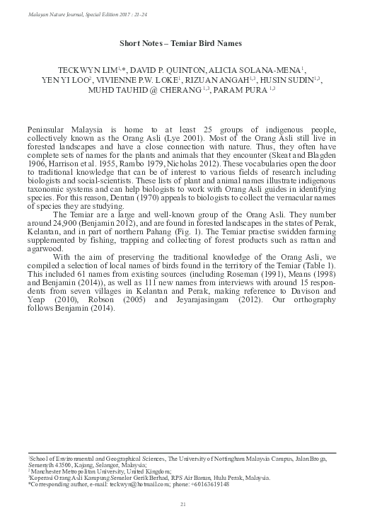 (PDF) Short Notes -Temiar Bird Names