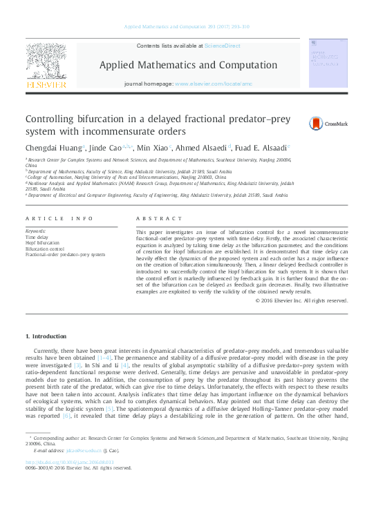 Pdf Controlling Bifurcation In A Delayed Fractional Predator Prey