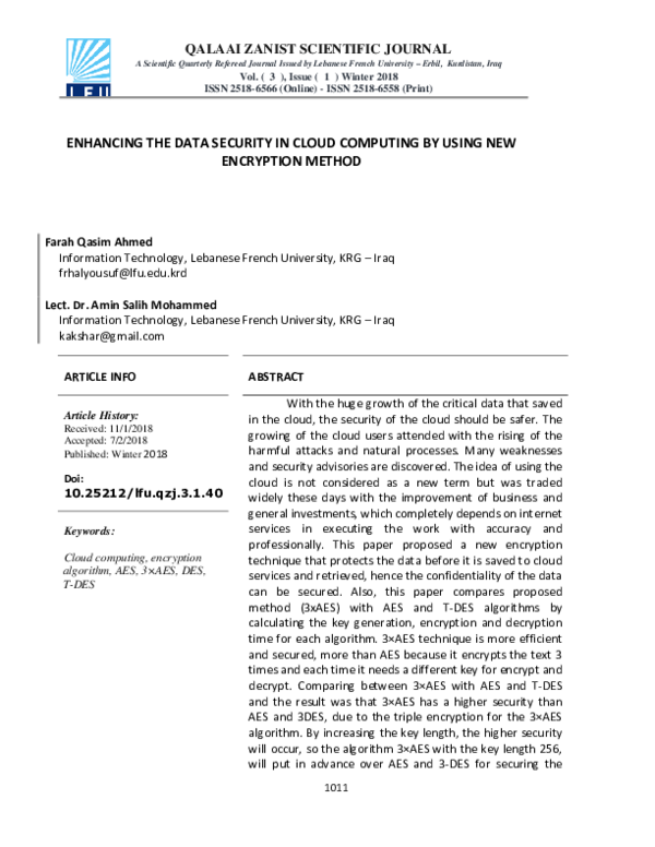 (PDF) ENHANCING THE DATA SECURITY IN CLOUD COMPUTING BY USING NEW ENCRYPTION METHOD