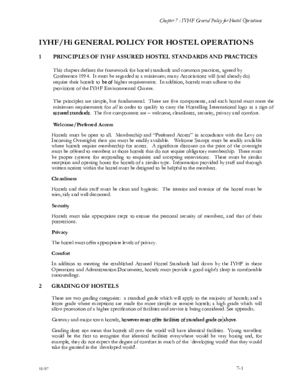 (PDF) IYHF/Hi GENERAL POLICY FOR HOSTEL OPERATIONS 1 PRINCIPLES OF IYHF ...
