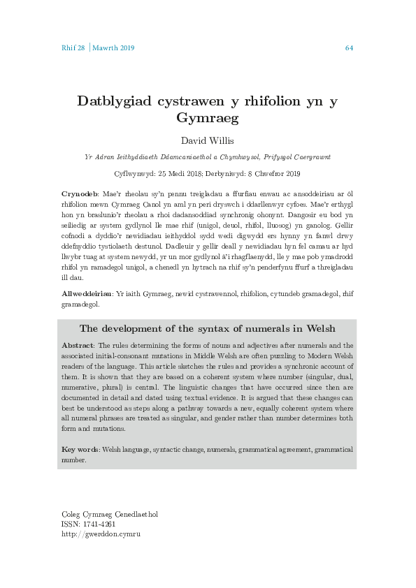 (PDF) Datblygiad cystrawen y rhifolion yn y Gymraeg The development of ...