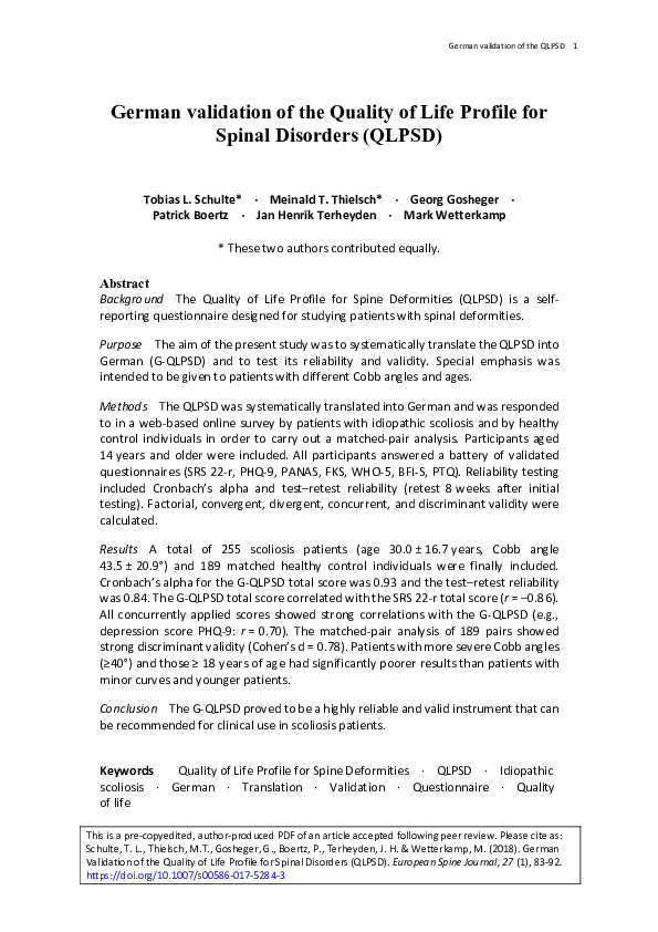 (PDF) German validation of the Quality of Life Profile for Spinal ...