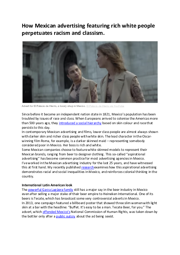 (PDF) How Mexican advertising featuring rich white people perpetuates ...