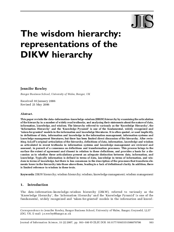 (PDF) The wisdom hierarchy: representations of the DIKW hierarchy