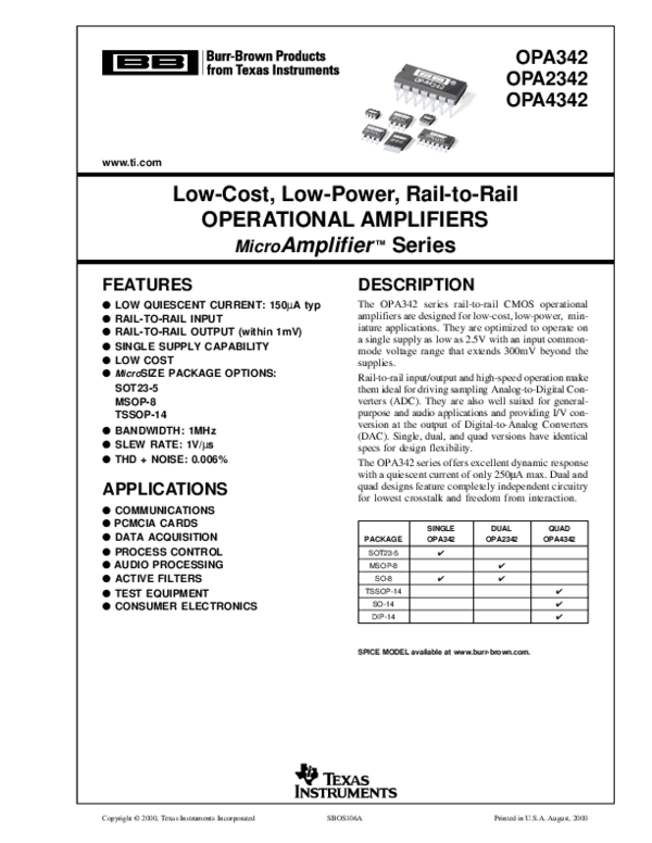 (PDF) Low-Cost, Low-Power, Rail-to-Rail OPERATIONAL AMPLIFIERS MicroAmplifier ™ Series