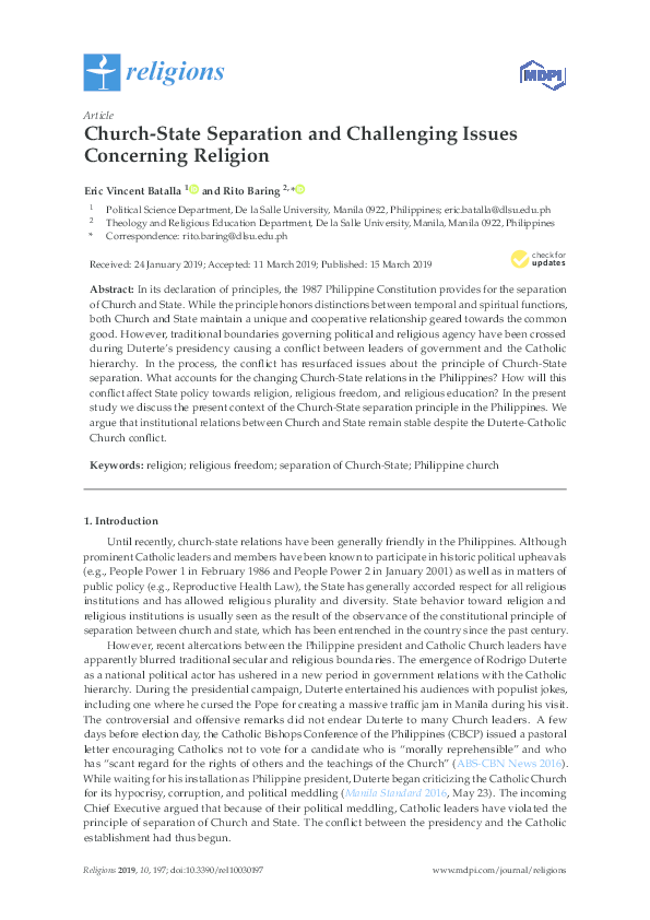(PDF) Church-State Separation and Challenging Issues Concerning Religion