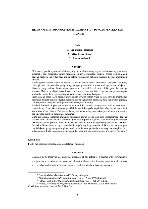 (DOC) RELEVANSI METODOLOGI PEMBELAJARAN FIQIH DENGAN PENDEKATAN HUMANIS[1] | Tagor Muda ...
