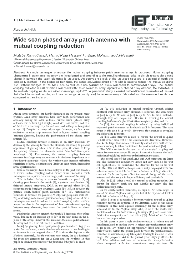 (PDF) Wide scan phased array patch antenna with mutual coupling reduction