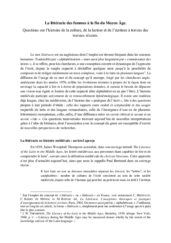(PDF) La littéracie des femmes à la fin du Moyen Âge. Questions sur l ...