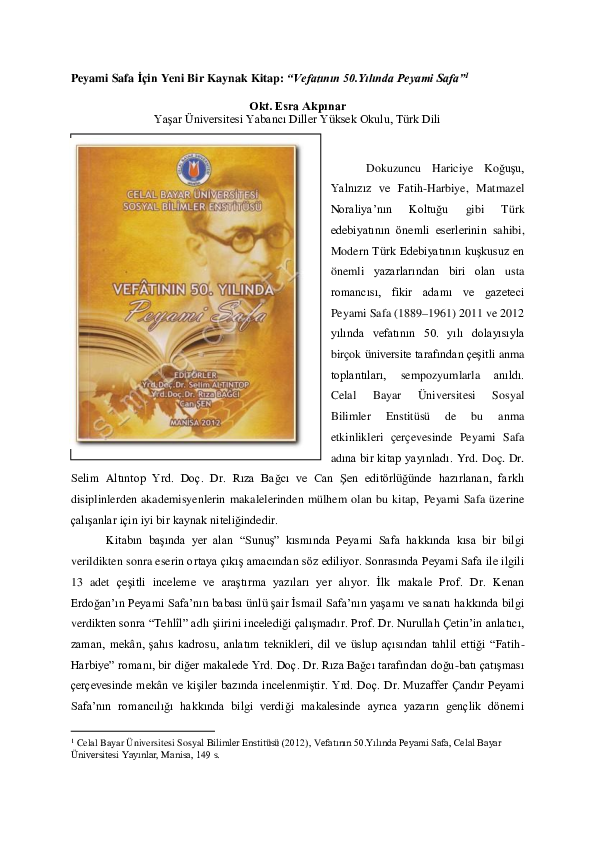 (PDF) Peyami Safa İçin Yeni Bir Kaynak Kitap “Vefatının 50.Yılında ...
