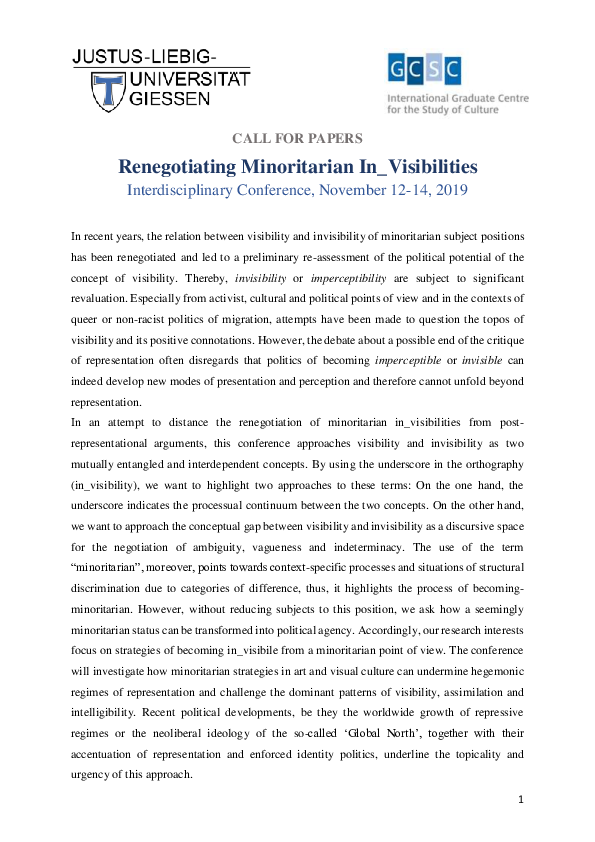 (PDF) CfP: Renegotiating Minoritarian IN__VISIBILITIES