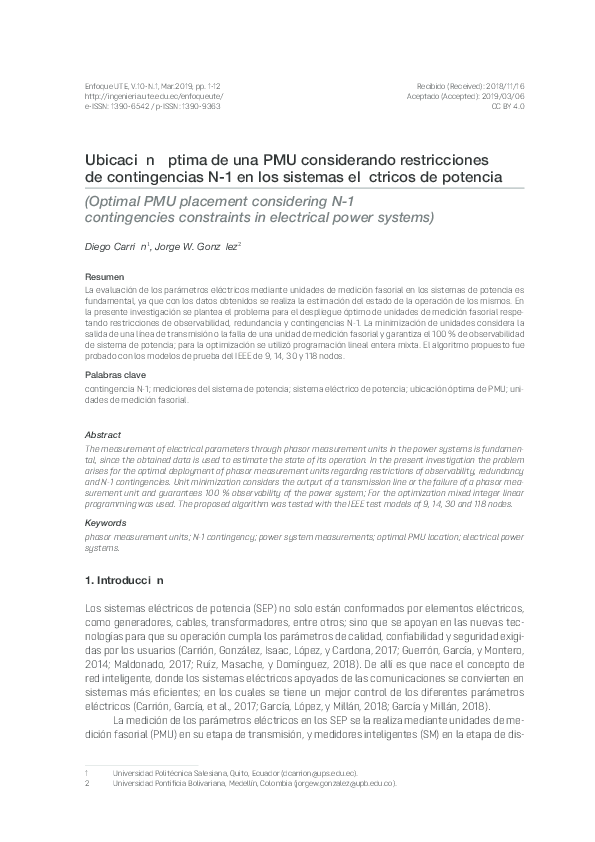 Pdf Optimal Pmu Placement Considering N 1contingencies Constraints In Electrical Power Systems