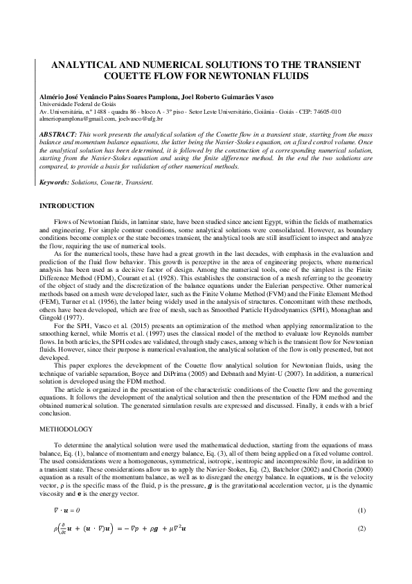 (PDF) ANALYTICAL AND NUMERICAL SOLUTIONS TO THE TRANSIENT COUETTE FLOW FOR NEWTONIAN FLUIDS