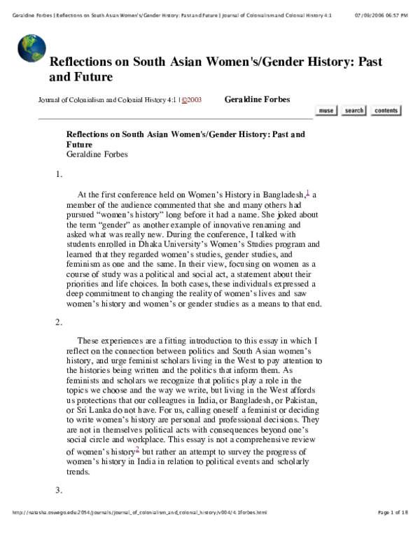 (PDF) Reflections on South Asian Women's/Gender History: Past and Future