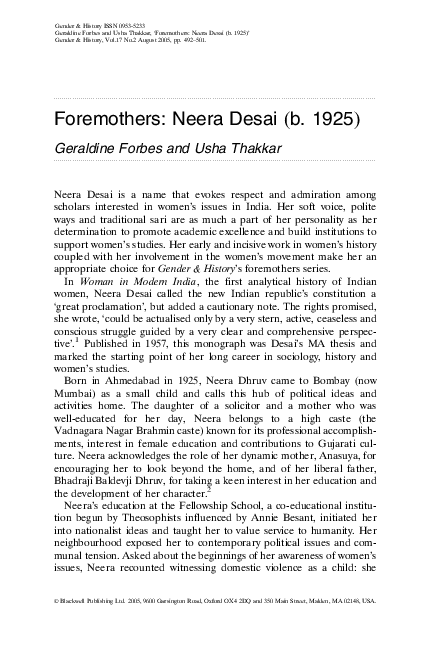 (PDF) Foremothers: Neera Desai (b. 1925)