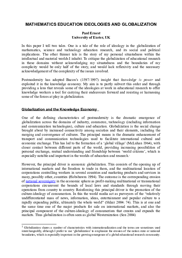 (DOC) Ernest Mathematics Education Ideologies and Globalization
