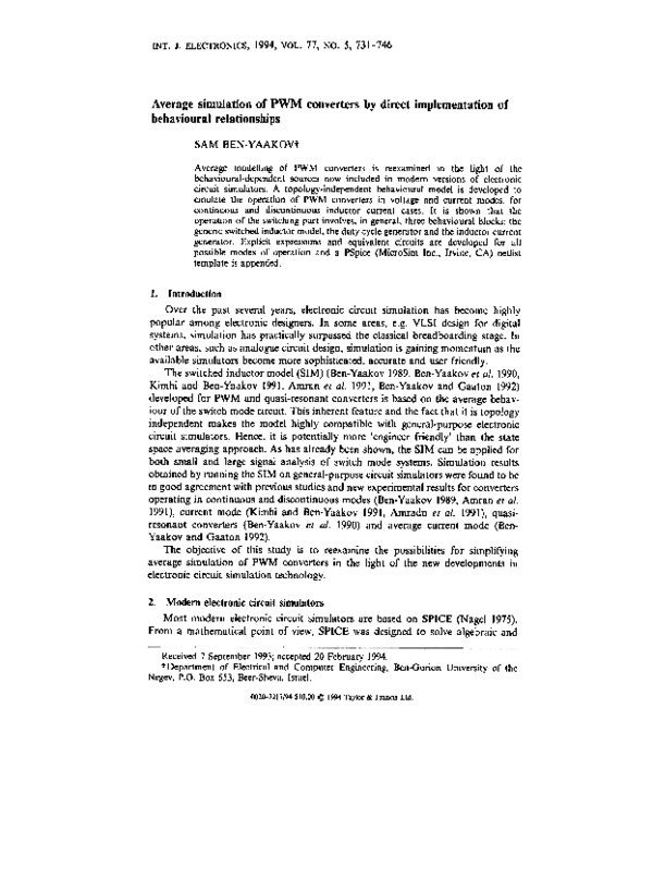 Pdf Average Simulation Of Pwm Converters By Direct Implementation Of Behavioural Relationships