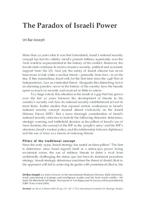 (PDF) Uri Bar-Joseph, The Paradox of Israeli Power, Survival, Vol.46 ...