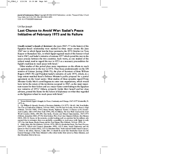 (PDF) Uri Bar-Joseph, Last Chance to Avoid War: Sadat's Peace ...
