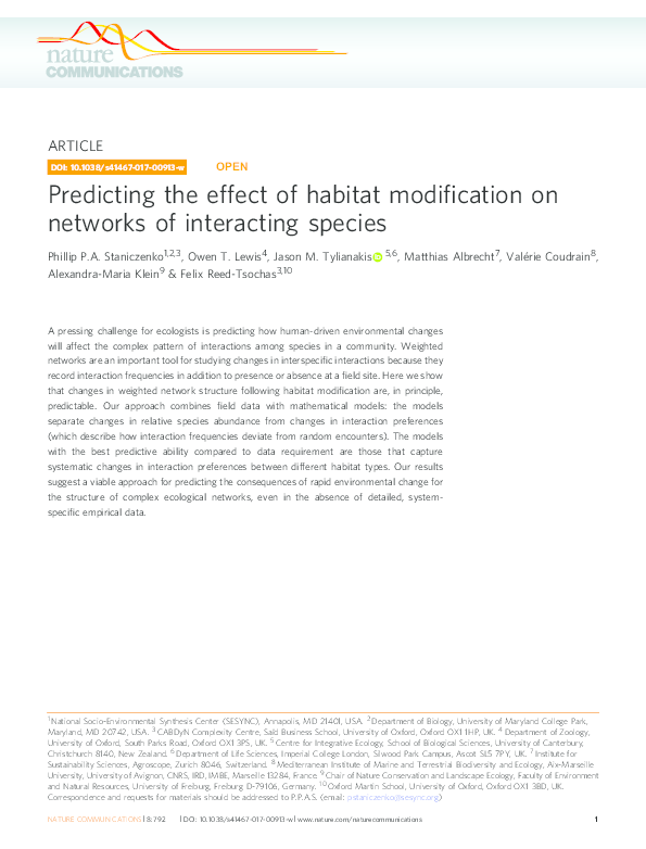Pdf Predicting The Effect Of Habitat Modification On Networks Of