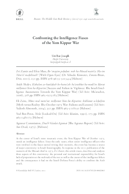 (PDF) Uri Bar-Joseph, Confronting the Intelligence Fiasco of the Yom ...