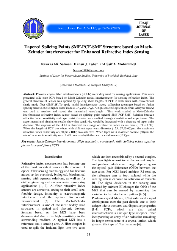 (PDF) Tapered Splicing Points SMF-PCF-SMF Structure based on Mach- Zehnder interferometer for ...