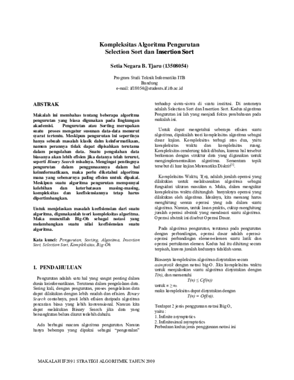 (PDF) Kompleksitas Algoritma Pengurutan Selection Sort dan Insertion Sort (PDF) Kompleksitas Algoritma Pengurutan Selection Sort dan Insertion Sort